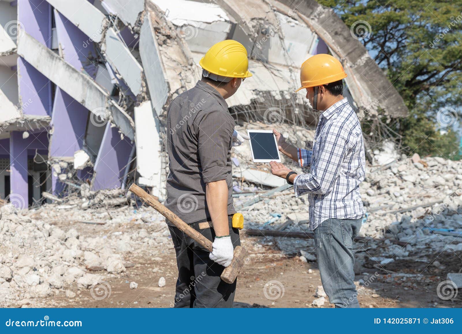Engineer Architect and Worker Operation Control Demolish Old Building ...