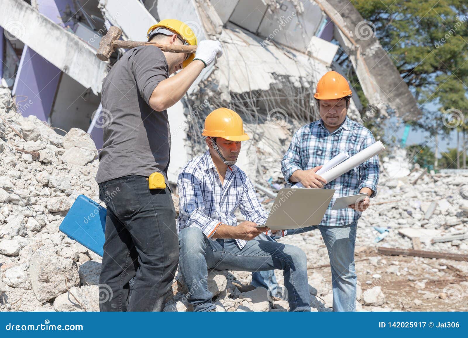 Engineer Architect and Worker Operation Control Demolish Old Building ...