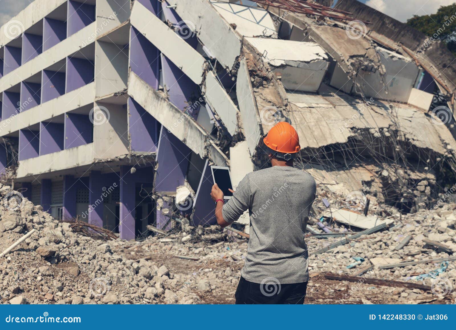 Engineer Architect and Worker Operation Control Demolish Old Building ...