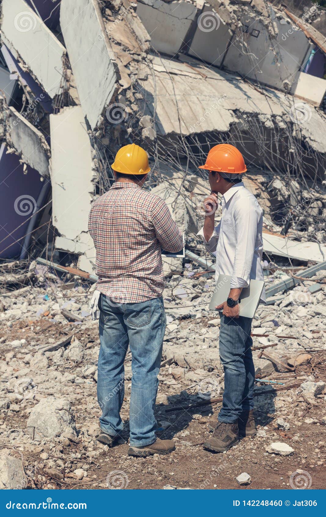 Engineer Architect and Worker Operation Control Demolish Old Building ...