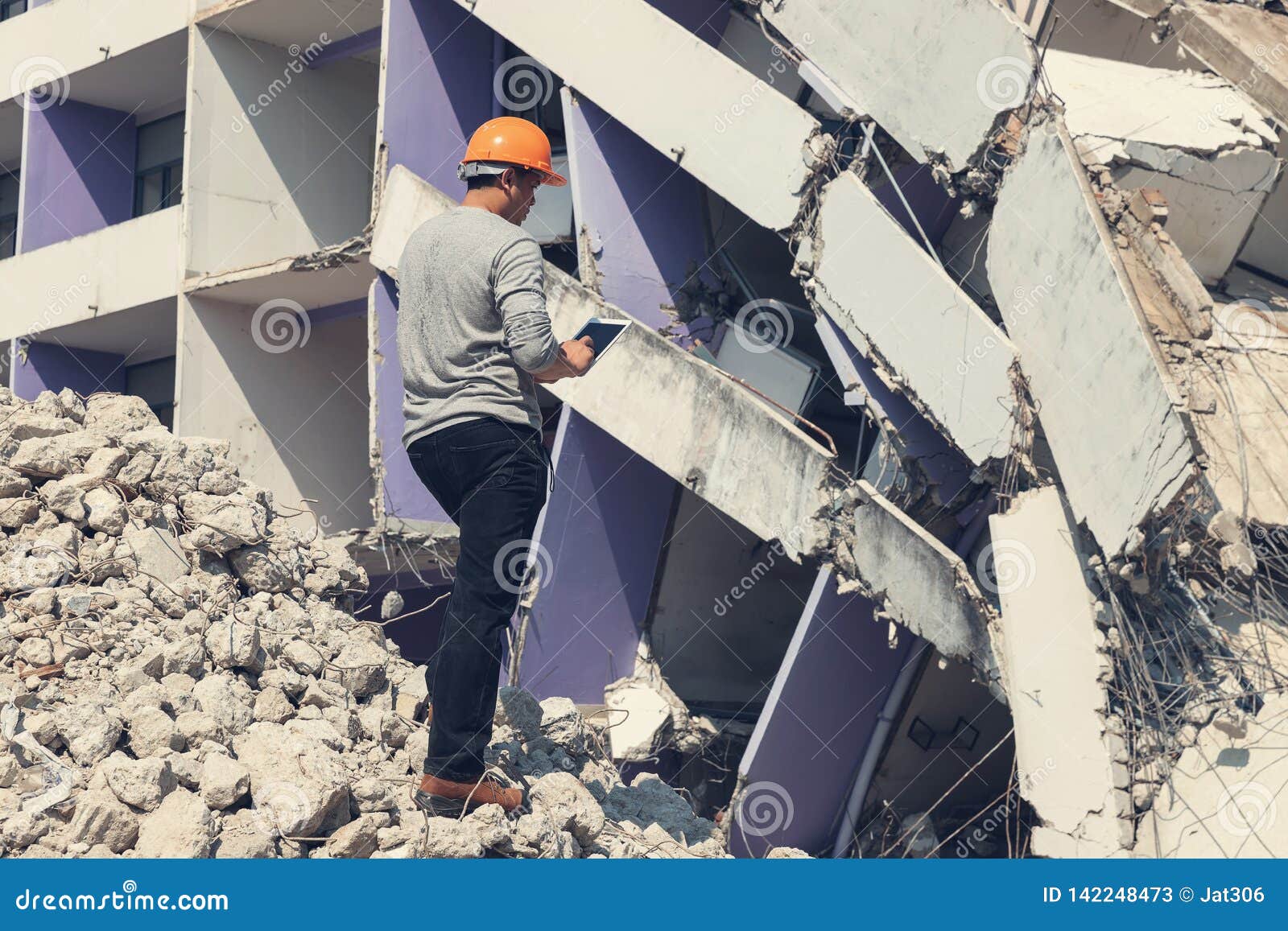 Engineer Architect and Worker Operation Control Demolish Old Building ...