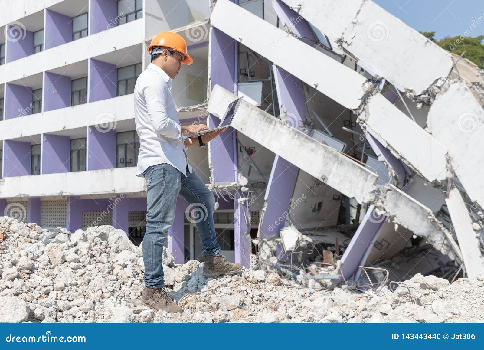 Engineer Architect and Worker Operation Control Demolish Old Building ...