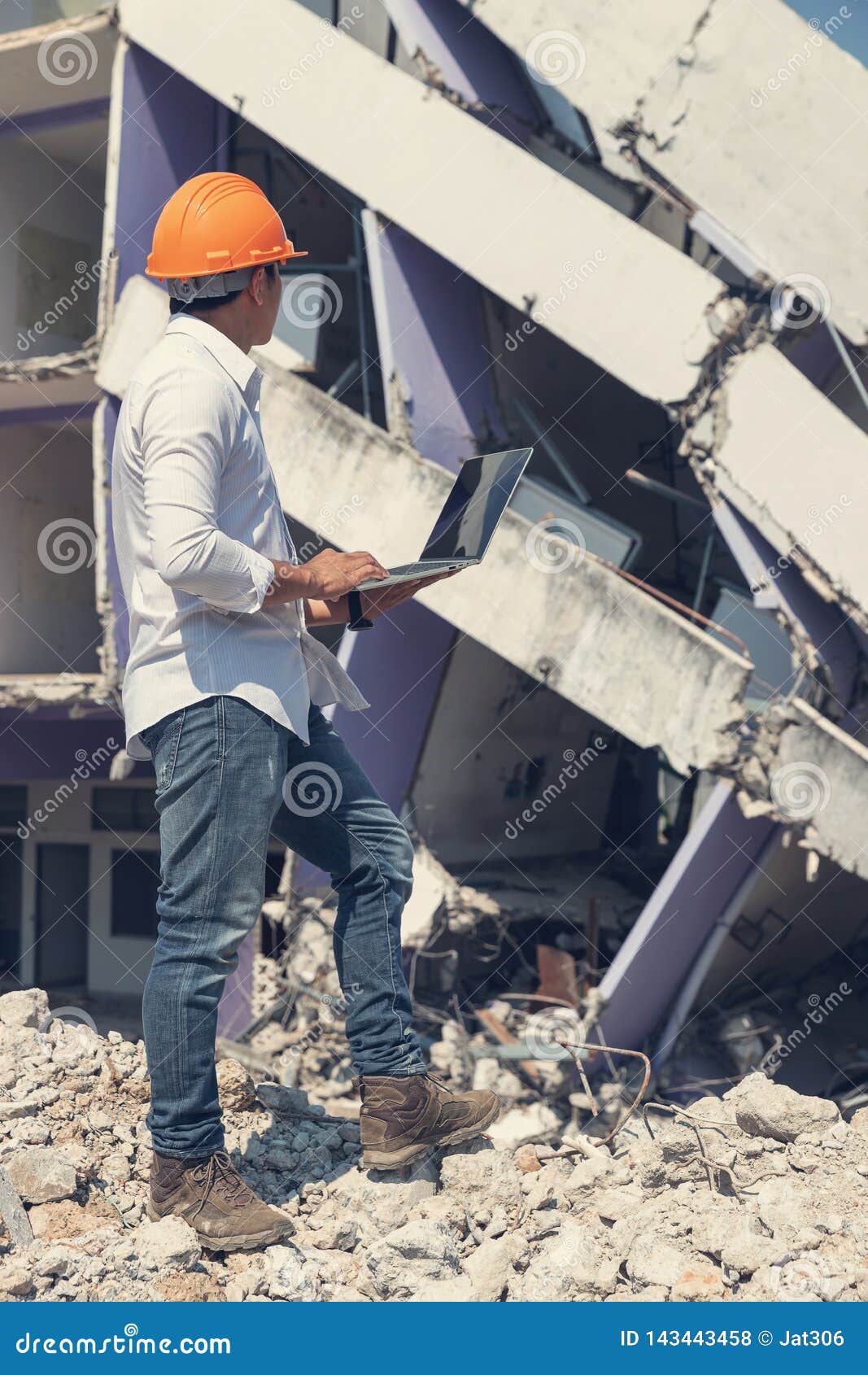 Engineer Architect and Worker Operation Control Demolish Old Building ...
