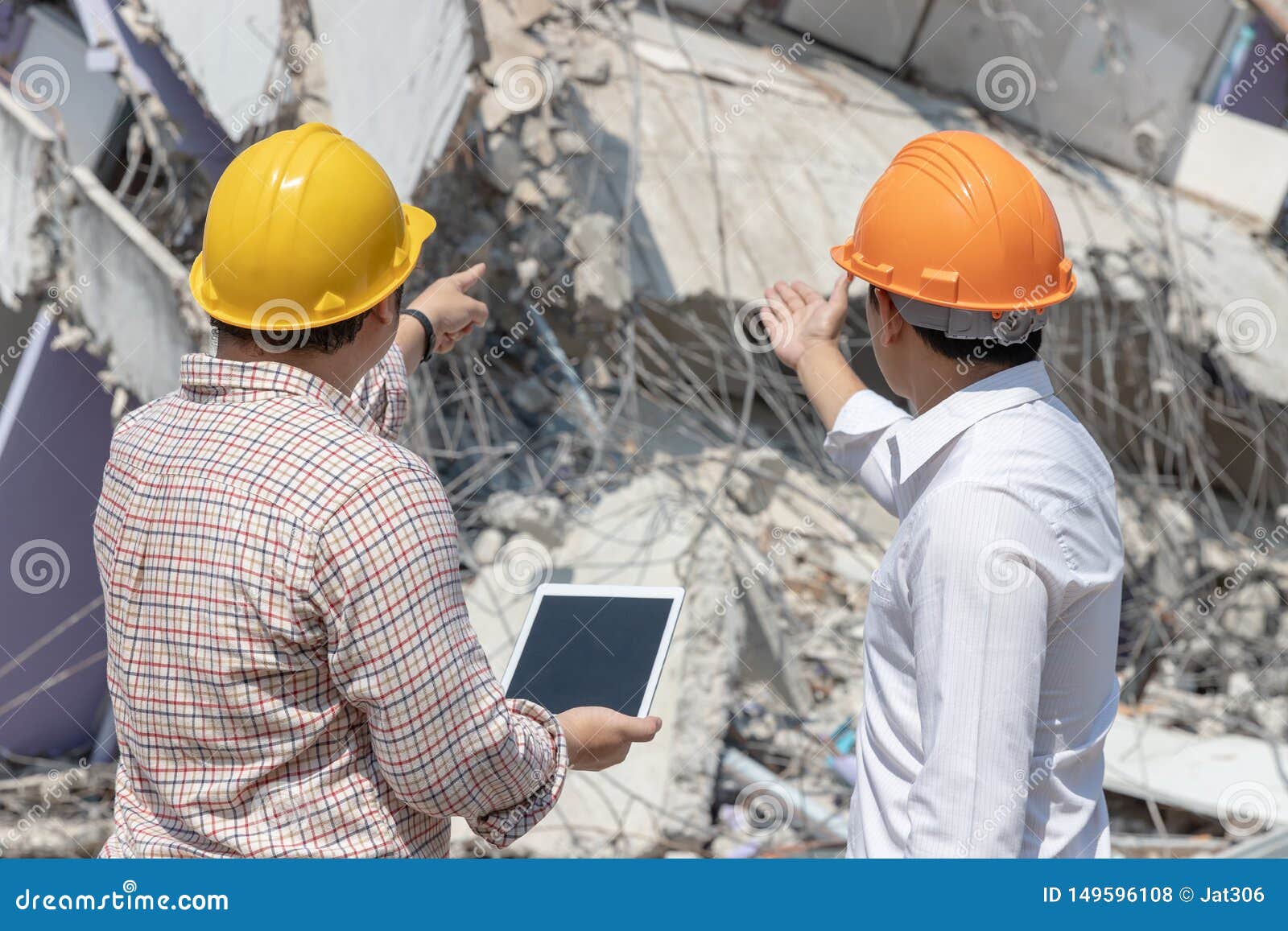 Engineer Architect and Worker Operation Control Demolish Old Building ...