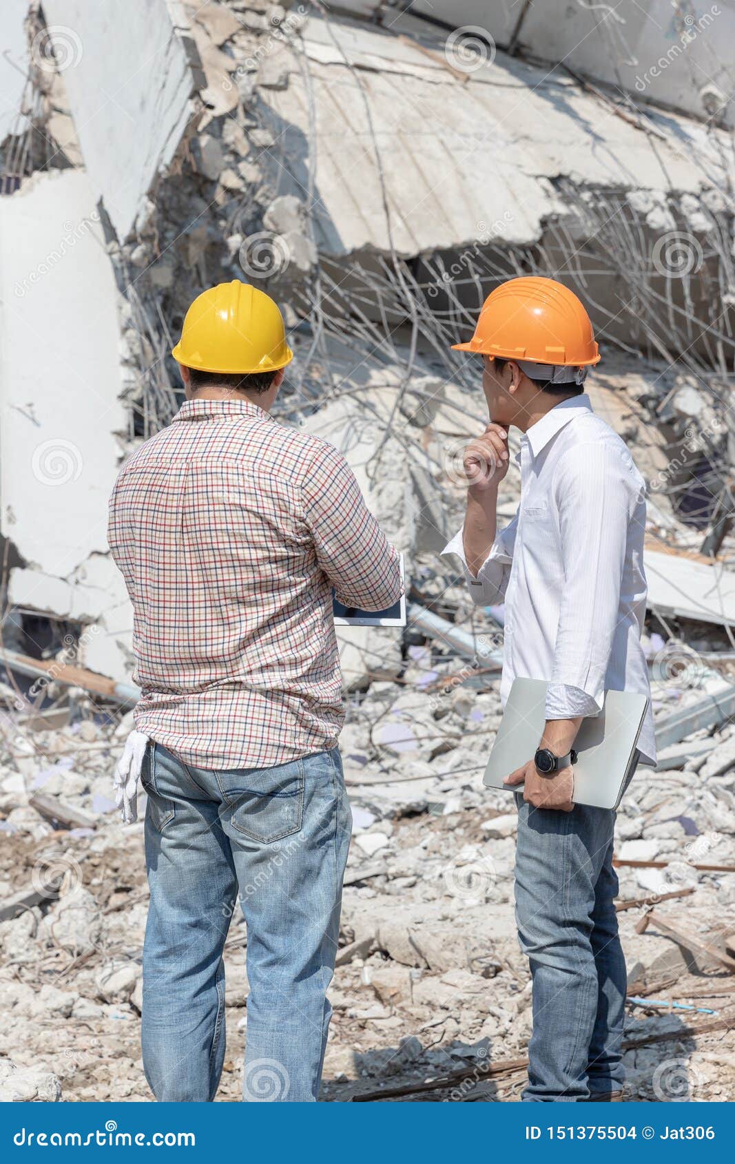 Engineer Architect and Worker Operation Control Demolish Old Building ...