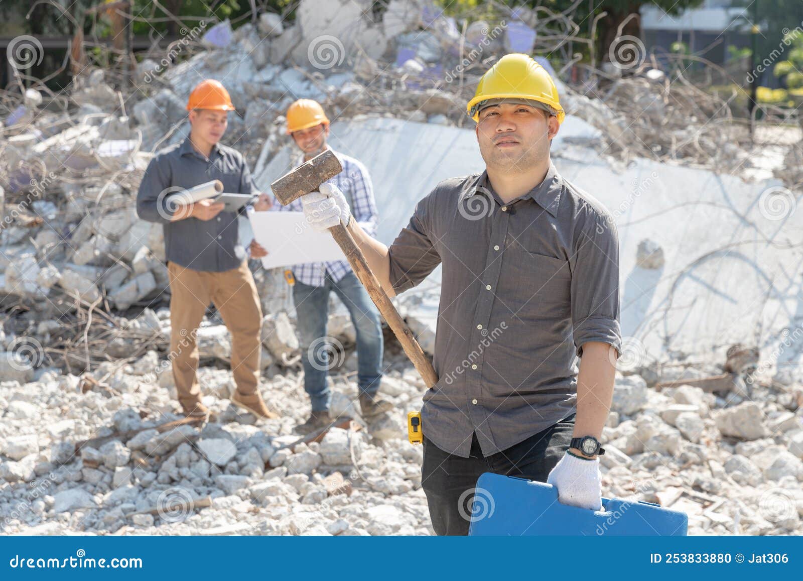 Engineer Architect and Worker Operation Control Demolish Old Building ...