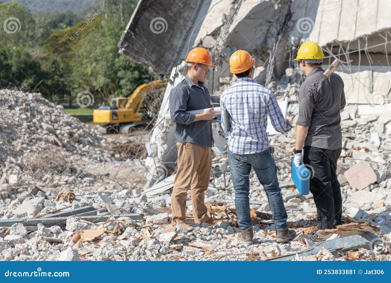 Engineer Architect and Worker Operation Control Demolish Old Building ...