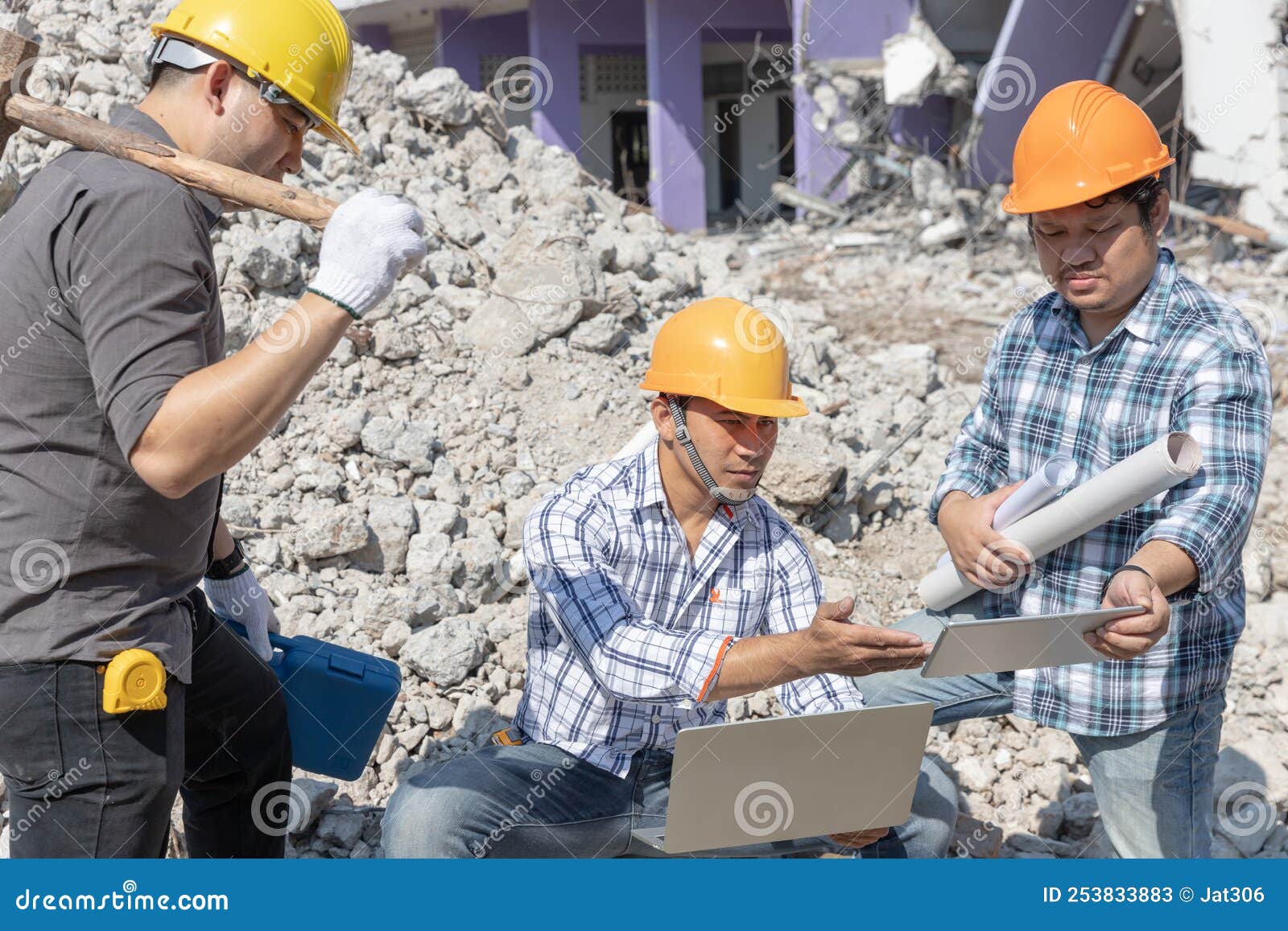 Engineer Architect and Worker Operation Control Demolish Old Building ...