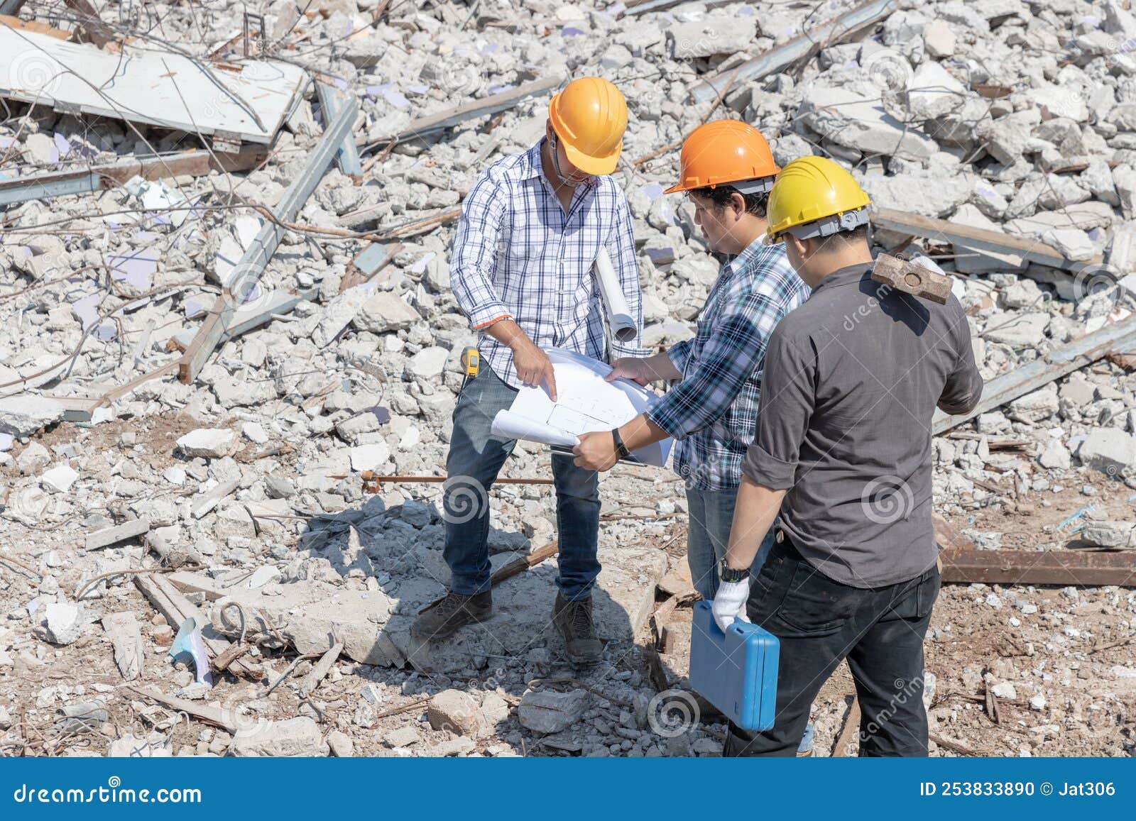 Engineer Architect and Worker Operation Control Demolish Old Building ...