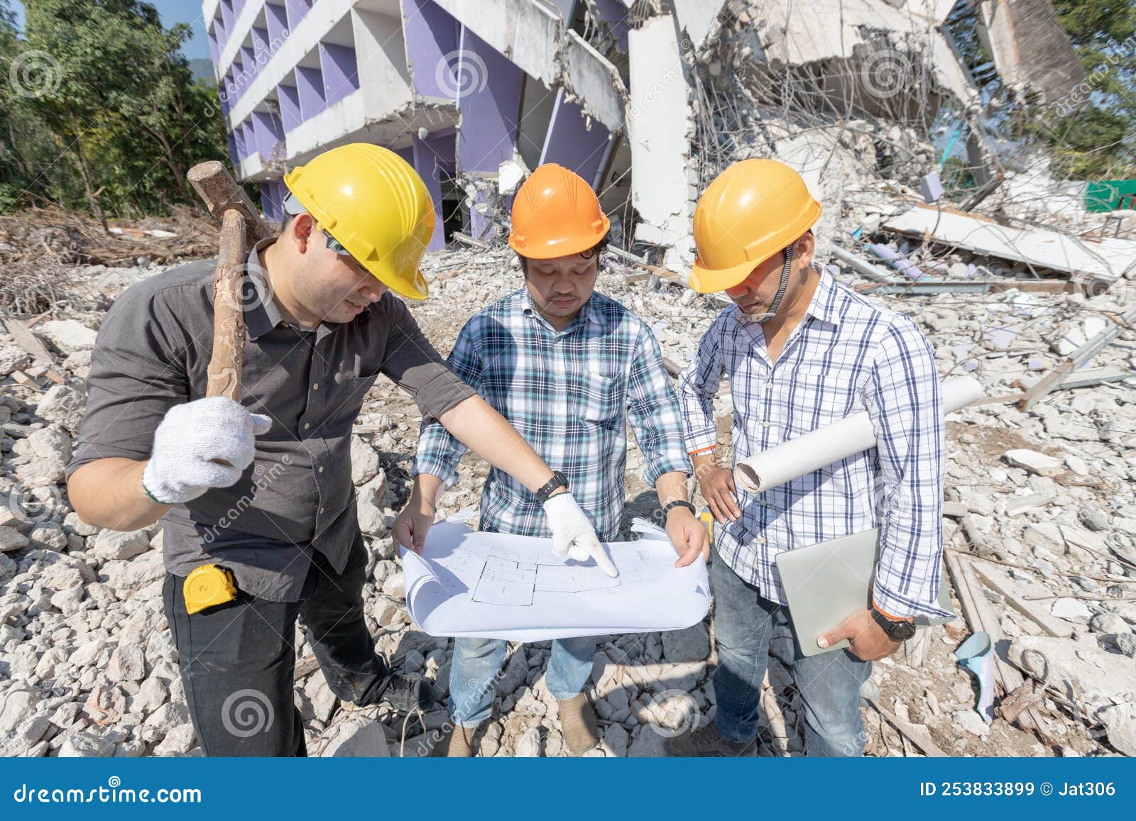Engineer Architect and Worker Operation Control Demolish Old Building ...