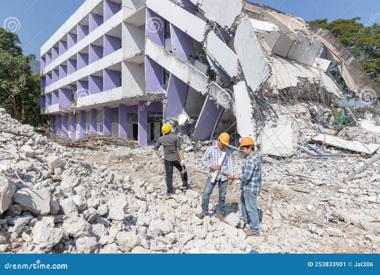 Engineer Architect and Worker Operation Control Demolish Old Building ...