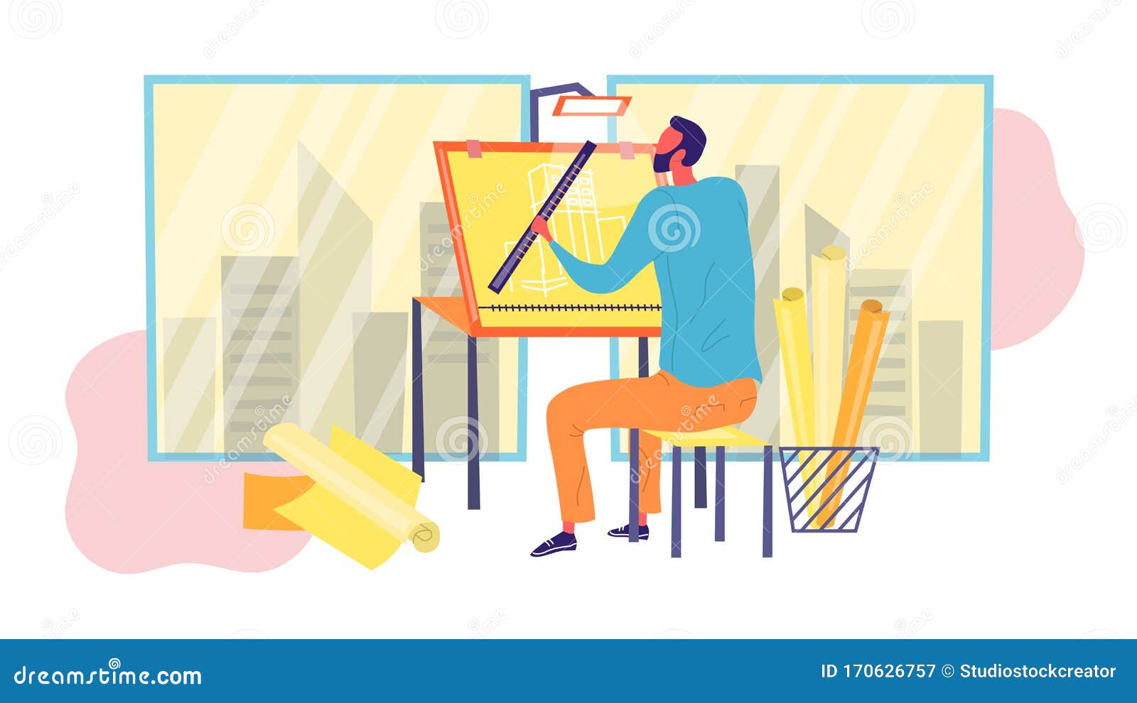 Engineer Architect is Working on Draft Project on Drawing Board. Create ... Engineer Architect is Working on Draft Project on Drawing Board. Create ...