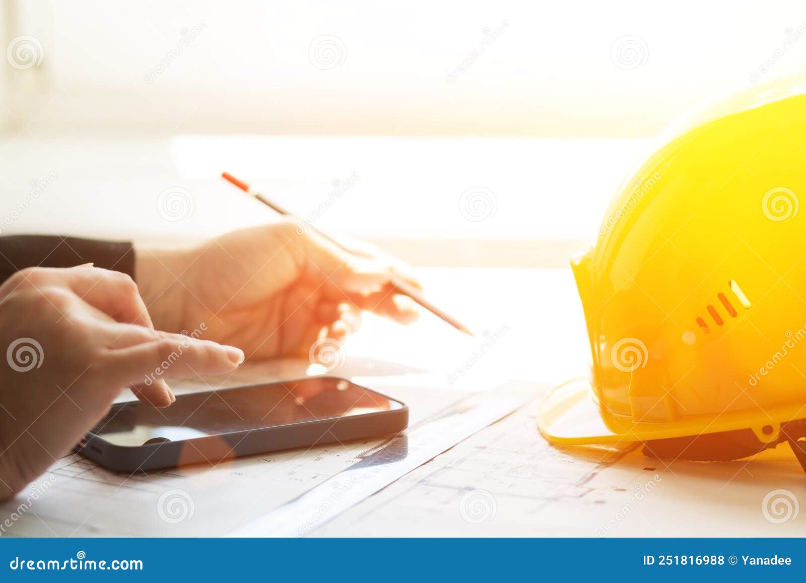 Engineer Architect Workplace Works with Construction Drawings Stock ...