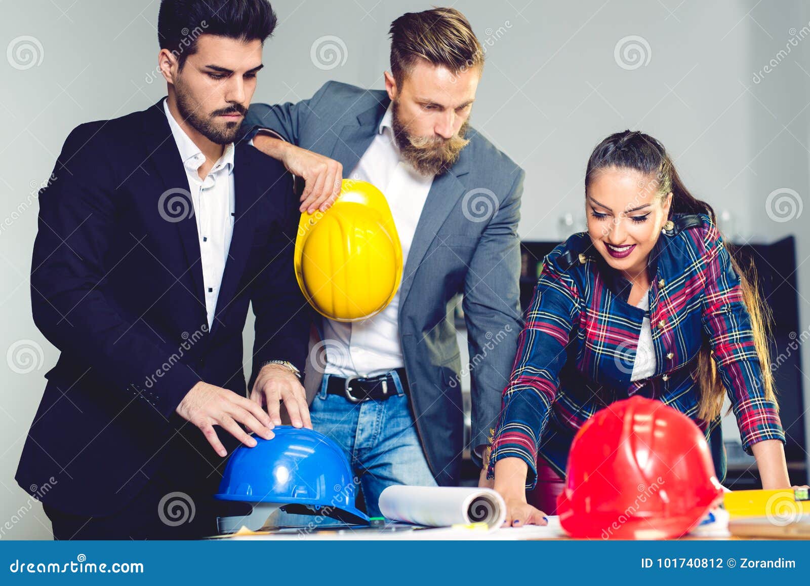 Engineer Architects Office Team Working and Discussing House Plan with ...