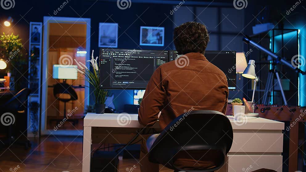 Engineer Arrives in Home Office with Coffee Mug in Hand, Ready To Start ...