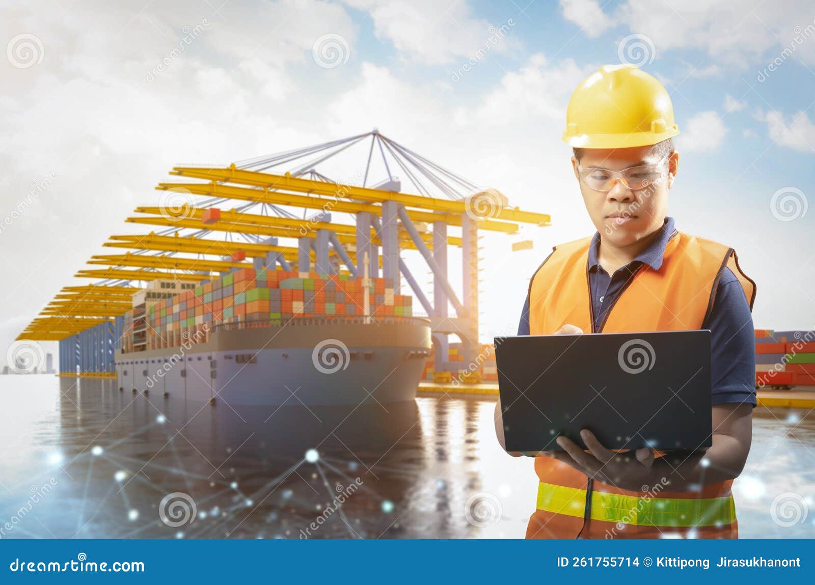 Engineer or Asian Worker Work at Container Terminal Port Stock ...