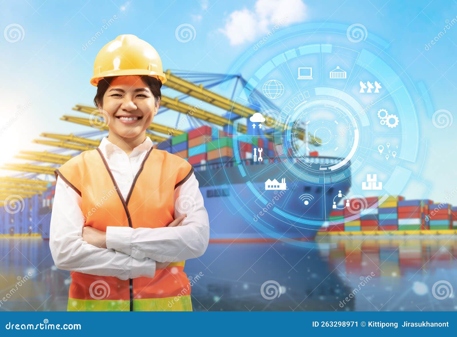 Engineer or Worker Work at Container Terminal Port Stock Illustration ...