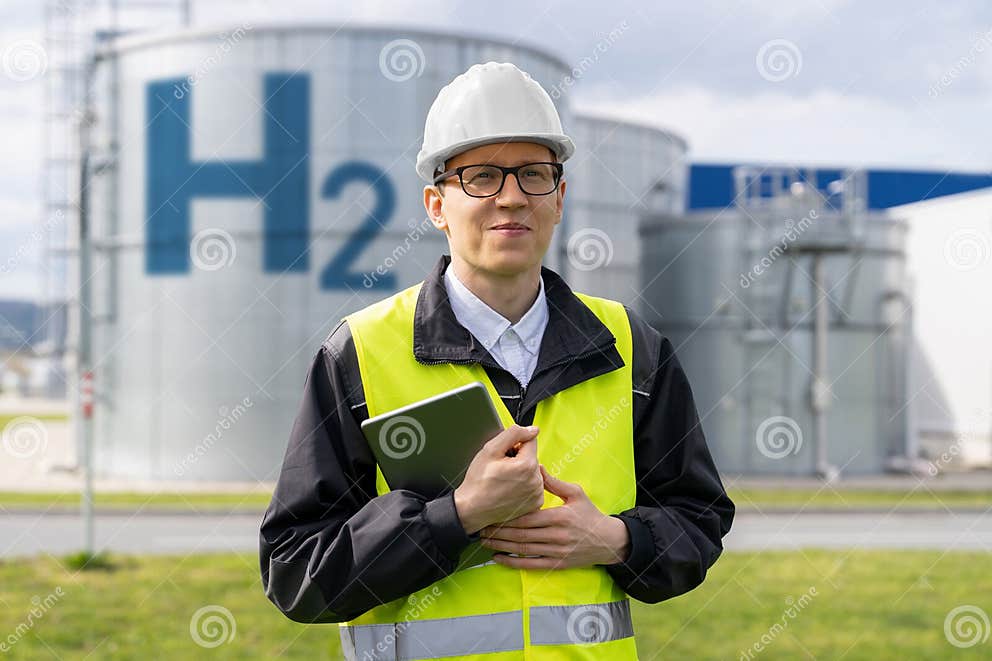 Engineer on a Background of Hydrogen Factory. Stock Image - Image of ...