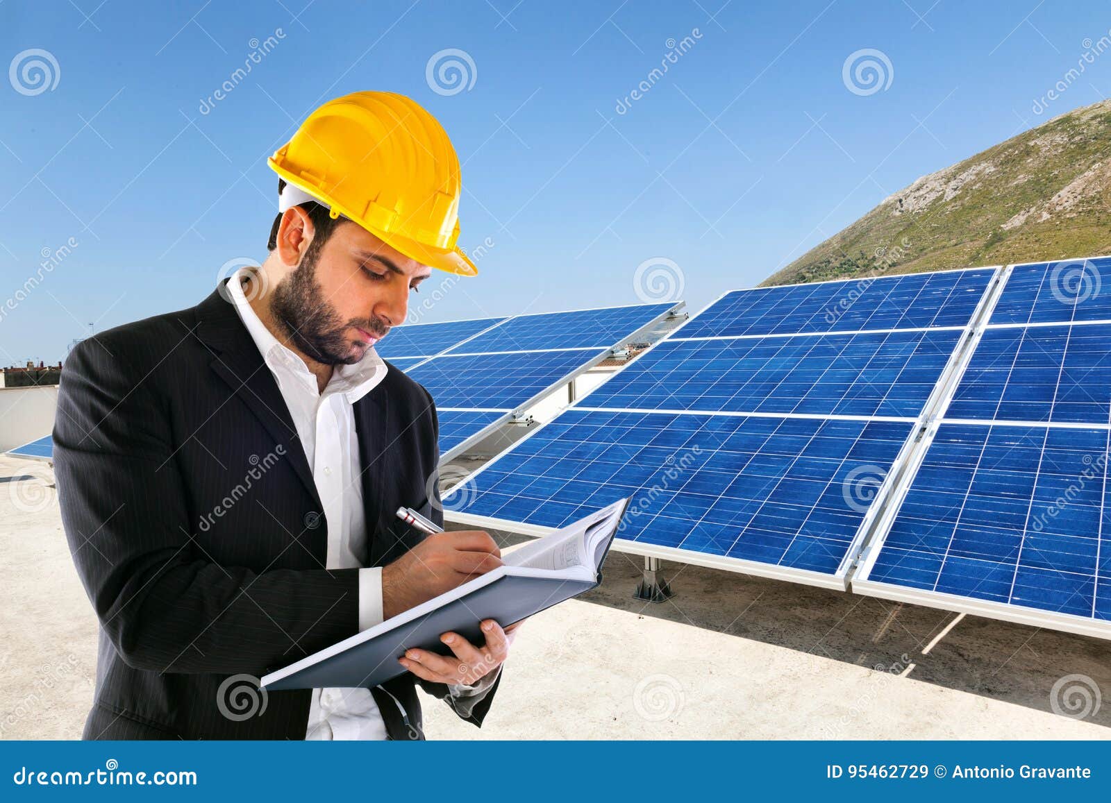 Engineer with Big Solar Panels on Background. Stock Image - Image of ...