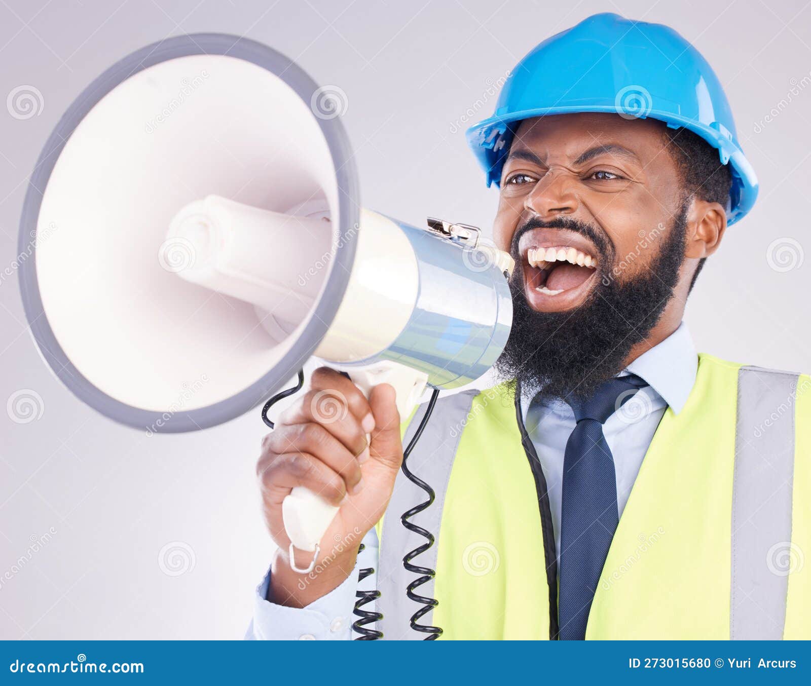 Engineer Black Man, Megaphone and Construction in Studio Portrait for ...