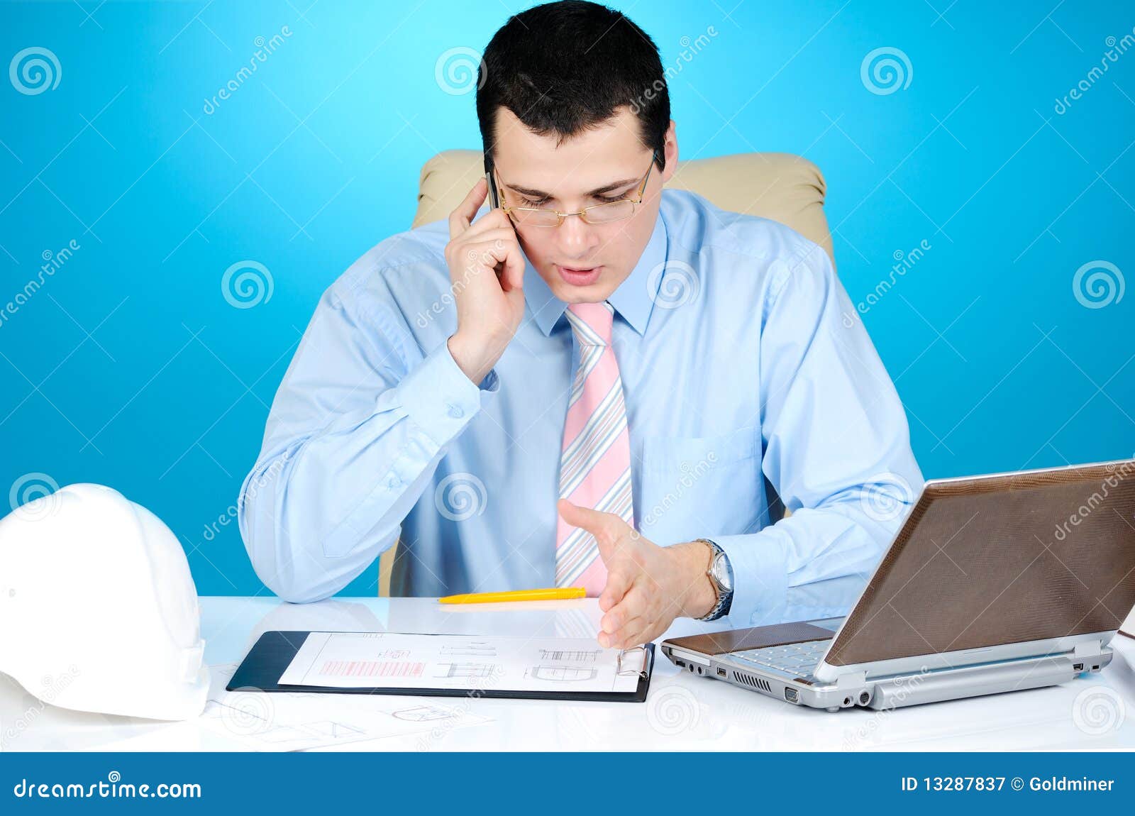 Engineer on Blue Background Stock Image - Image of tired, success: 13287837