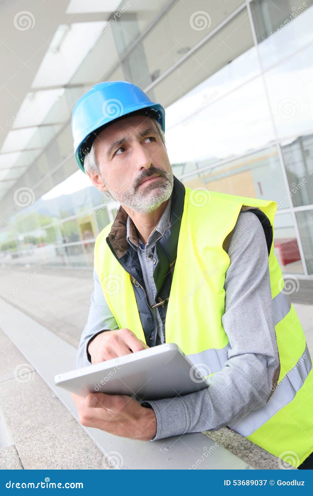 Engineer with Blue Helmet Using Tablet Stock Image - Image of ecology ...