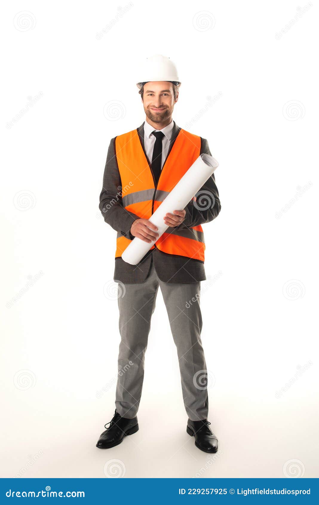 Engineer with Blueprint Smiling at Camera Stock Image - Image of plan ...