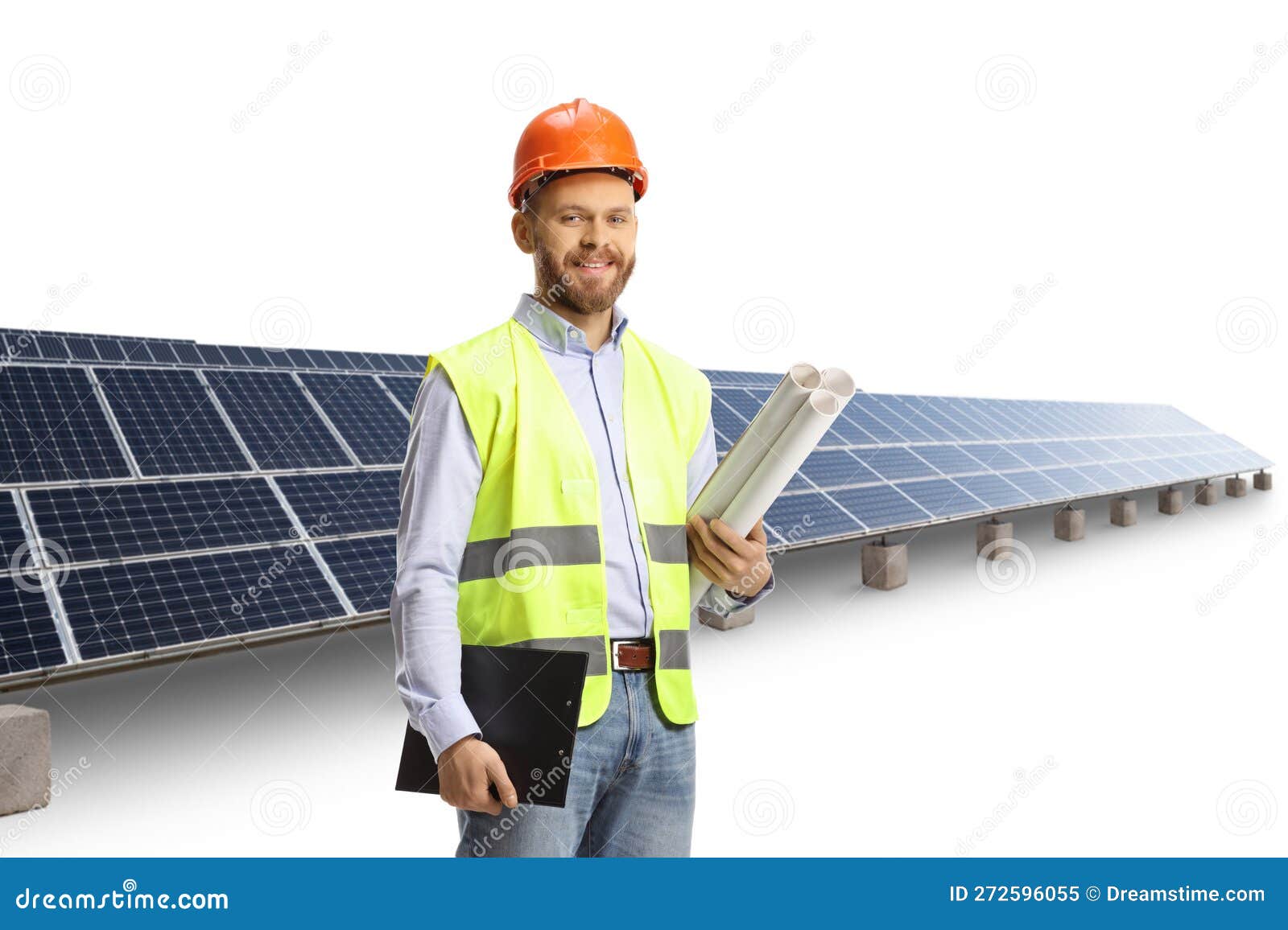 Engineer Blueprints and a Document with a Clipboard in Front of a Solar ...