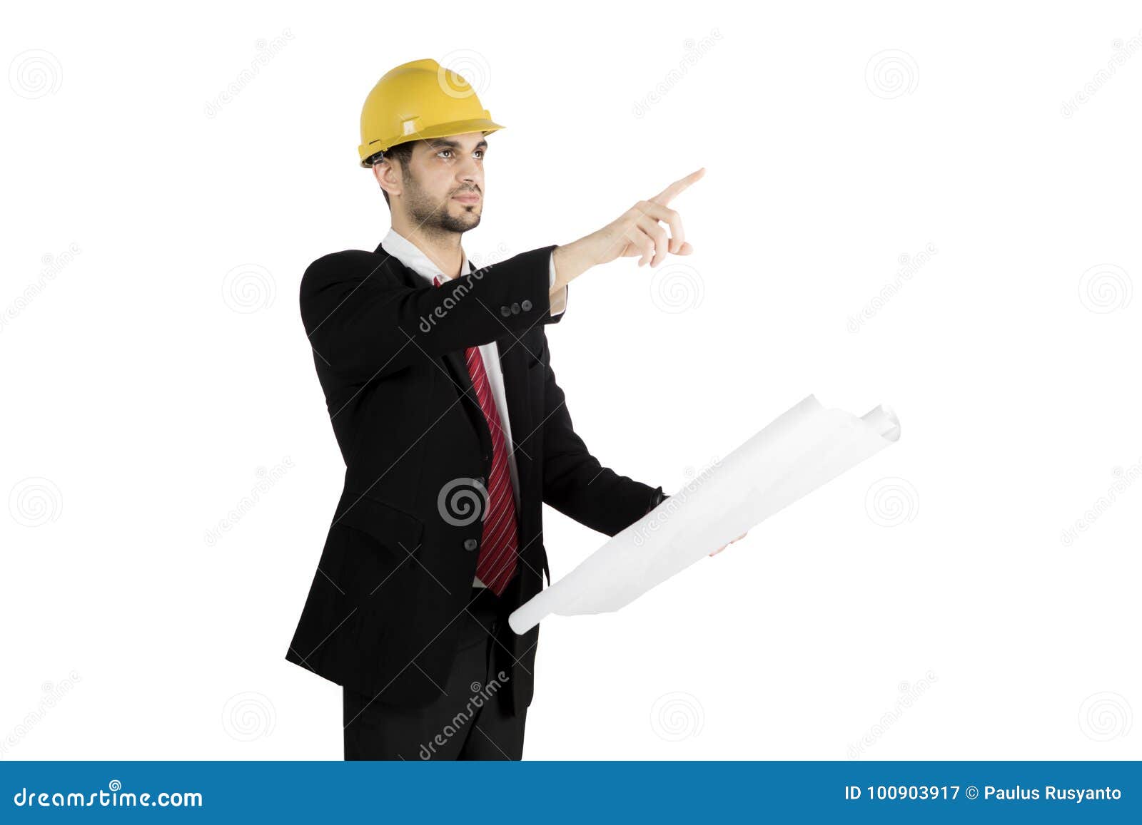 Engineer with Blueprints Pointing at Copyspace Stock Image - Image of ...