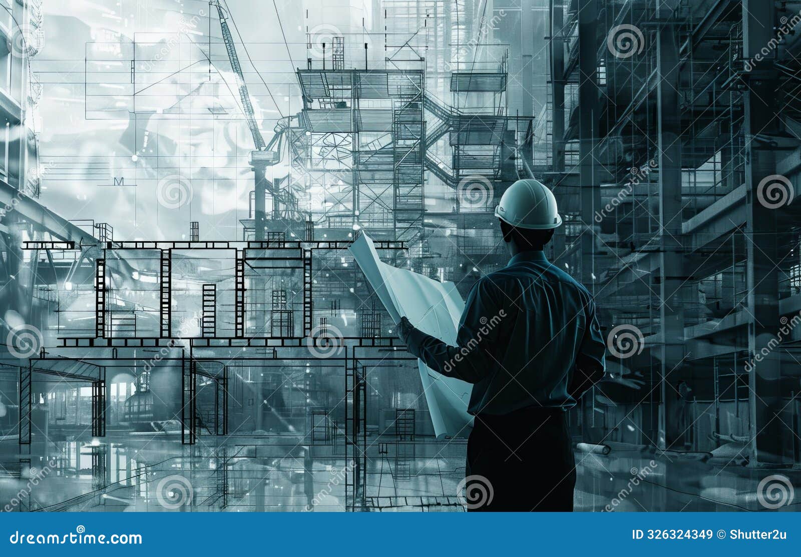 Engineer with Blueprints and Structural Designs Imposed on an ...
