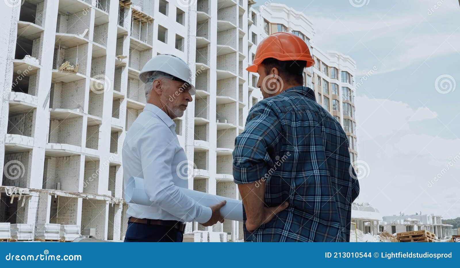 Engineer with Blueprints Talking with Builder Stock Photo - Image of ...