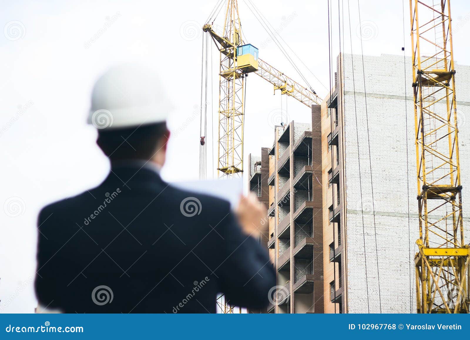 Engineer Boss with Protective Safety Helmet Checking Architectural ...