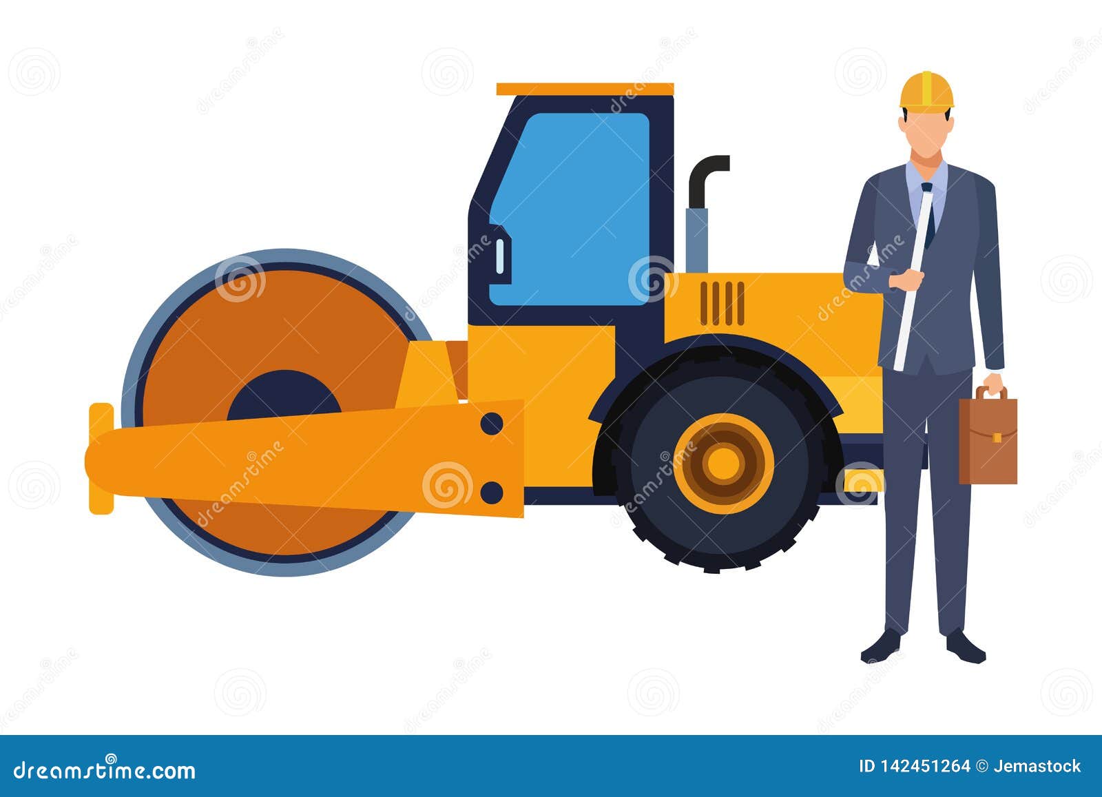Engineer With Briefcase And Steamroller In Black And White Cartoon ...