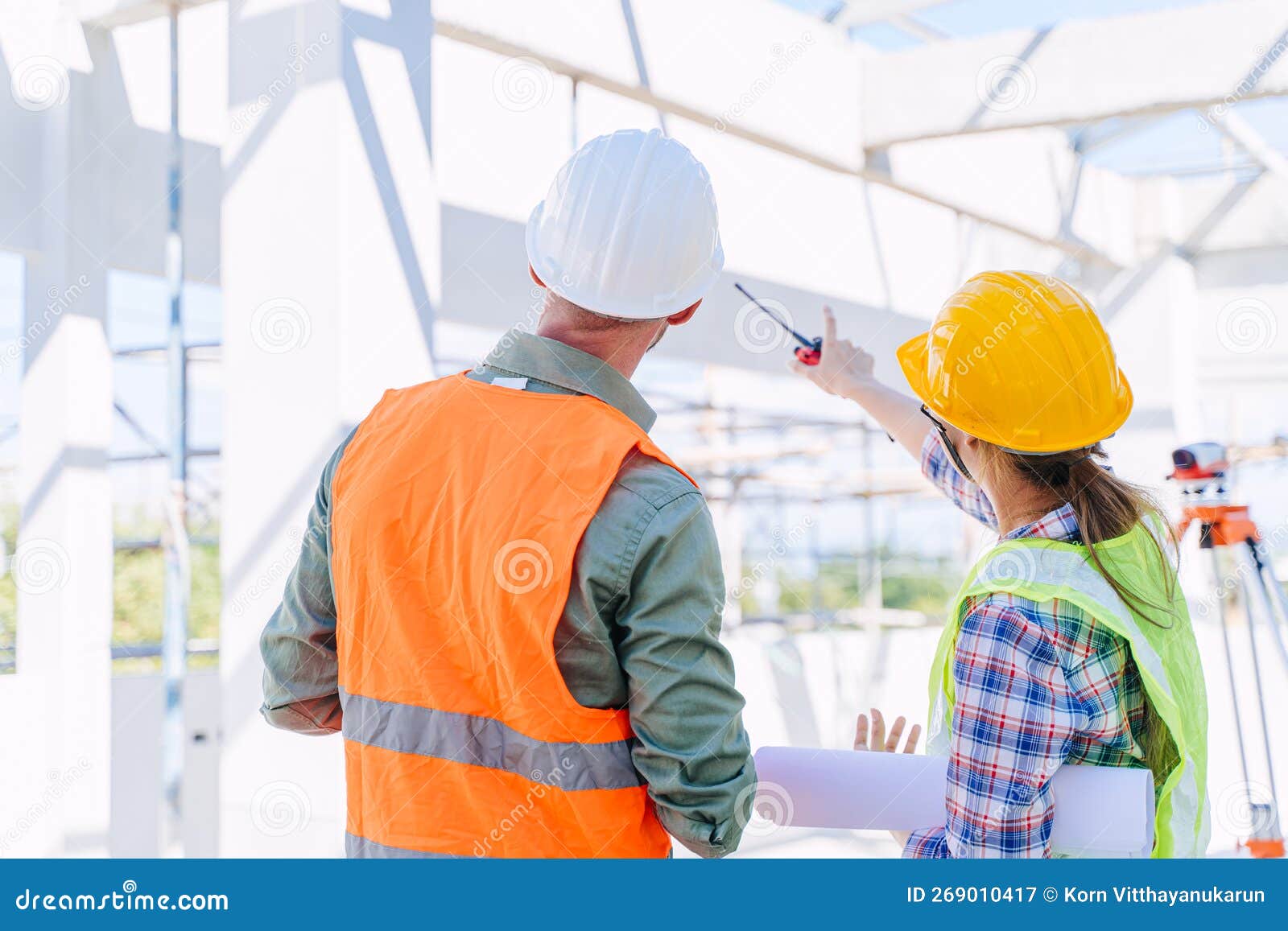 Engineer Builder Architect Team Working Check Roof Beam Construction ...