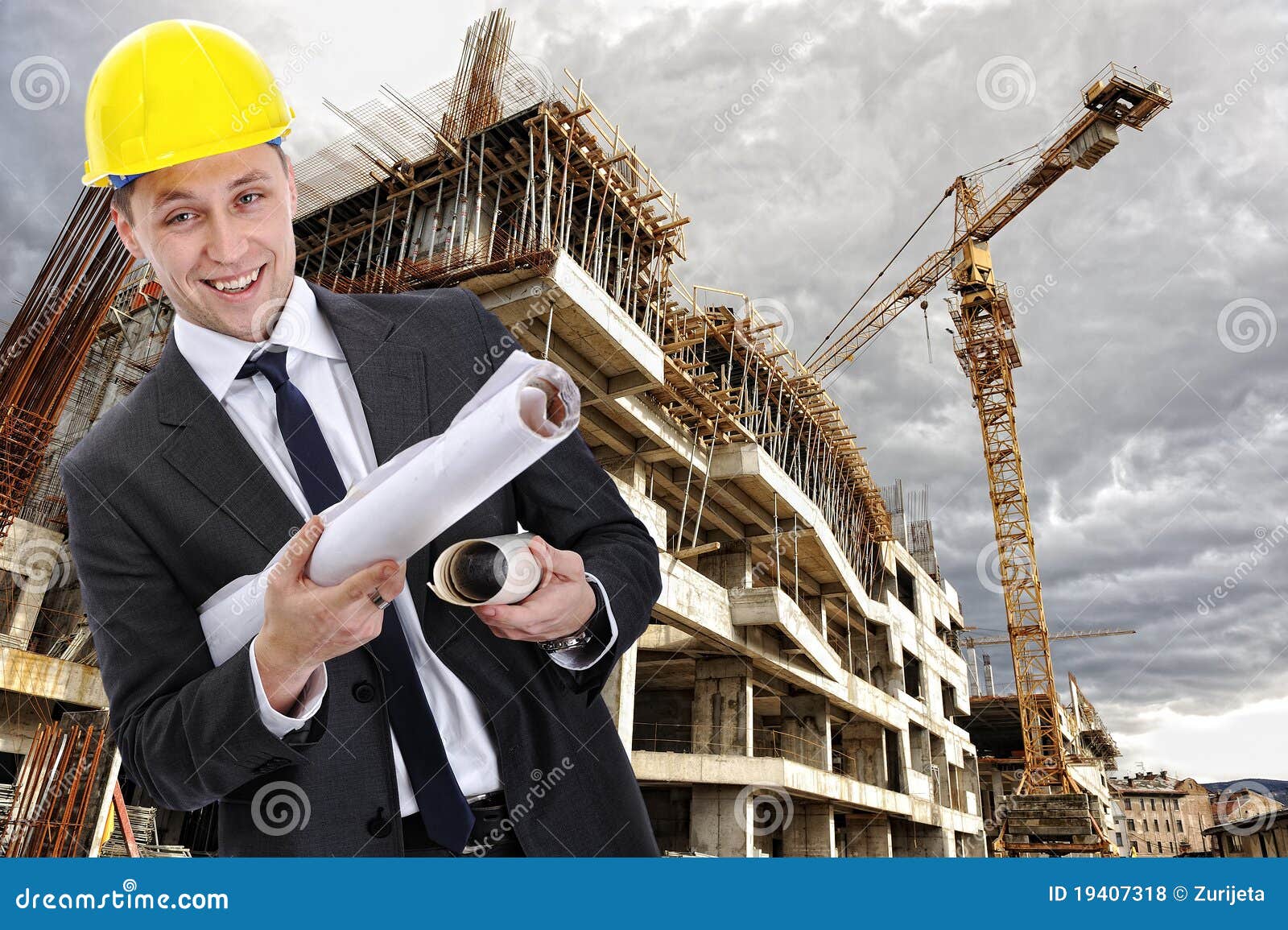 Engineer Builder with Blueprint Stock Photo - Image of equipment ...