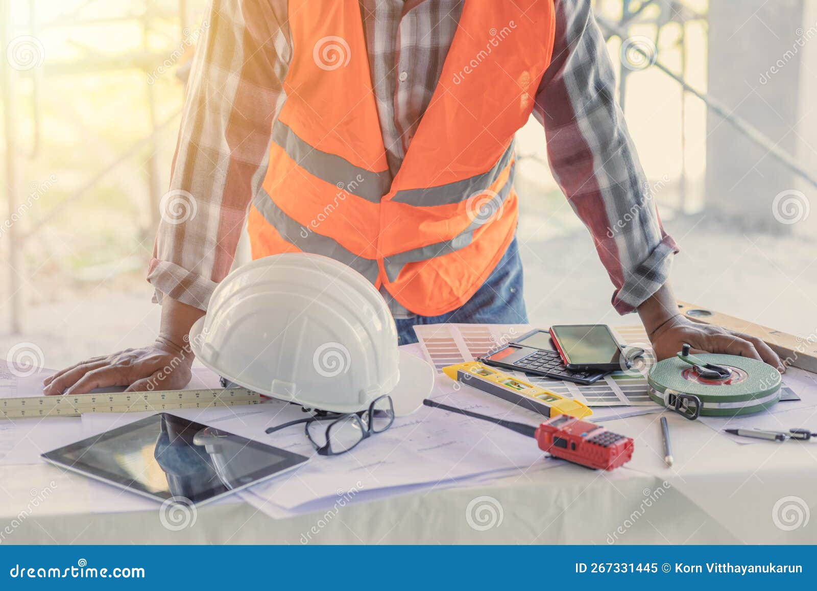 Engineer Builder Desk Working Space in Construction Site with Floor ...