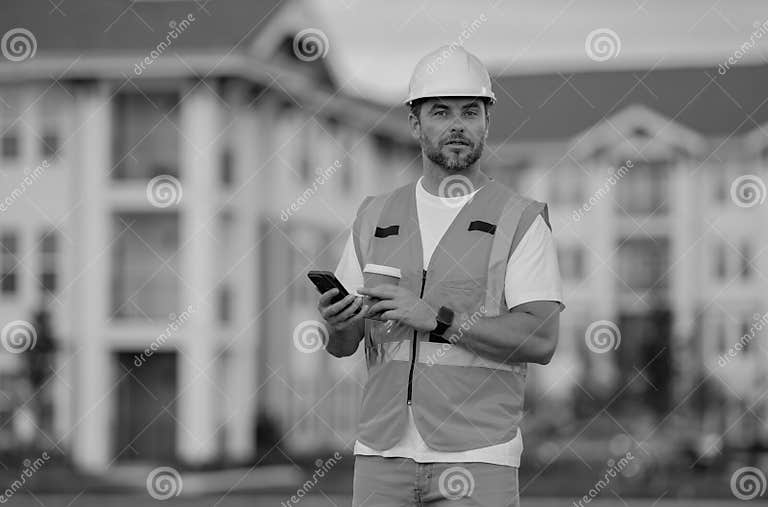 Engineer Builder Drinking Take Away Coffee Using Phone on Break. Caucasian Man, Construction ...