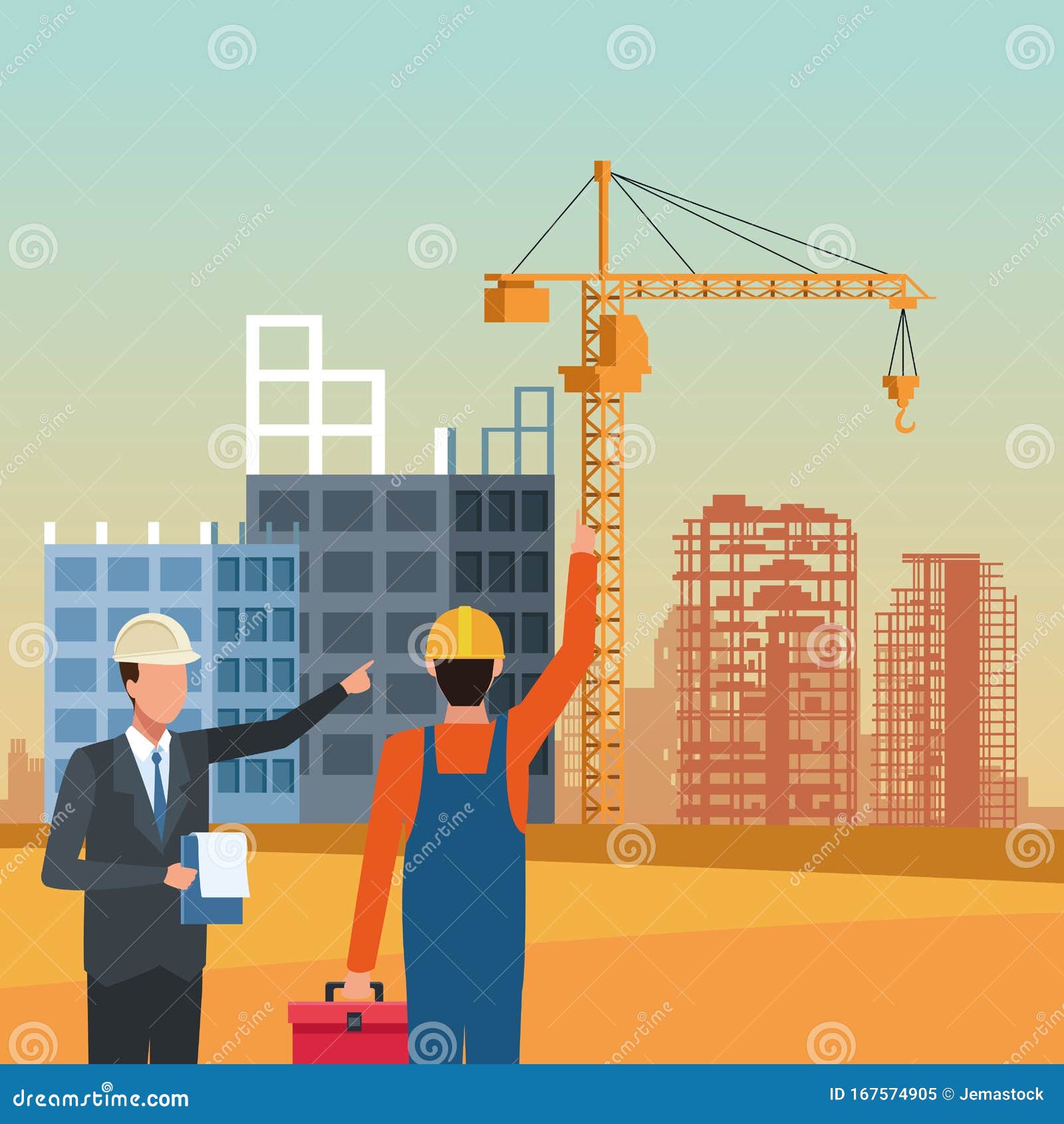 Engineer and Builder Over Under Construction Scenery, Colorful Design ...