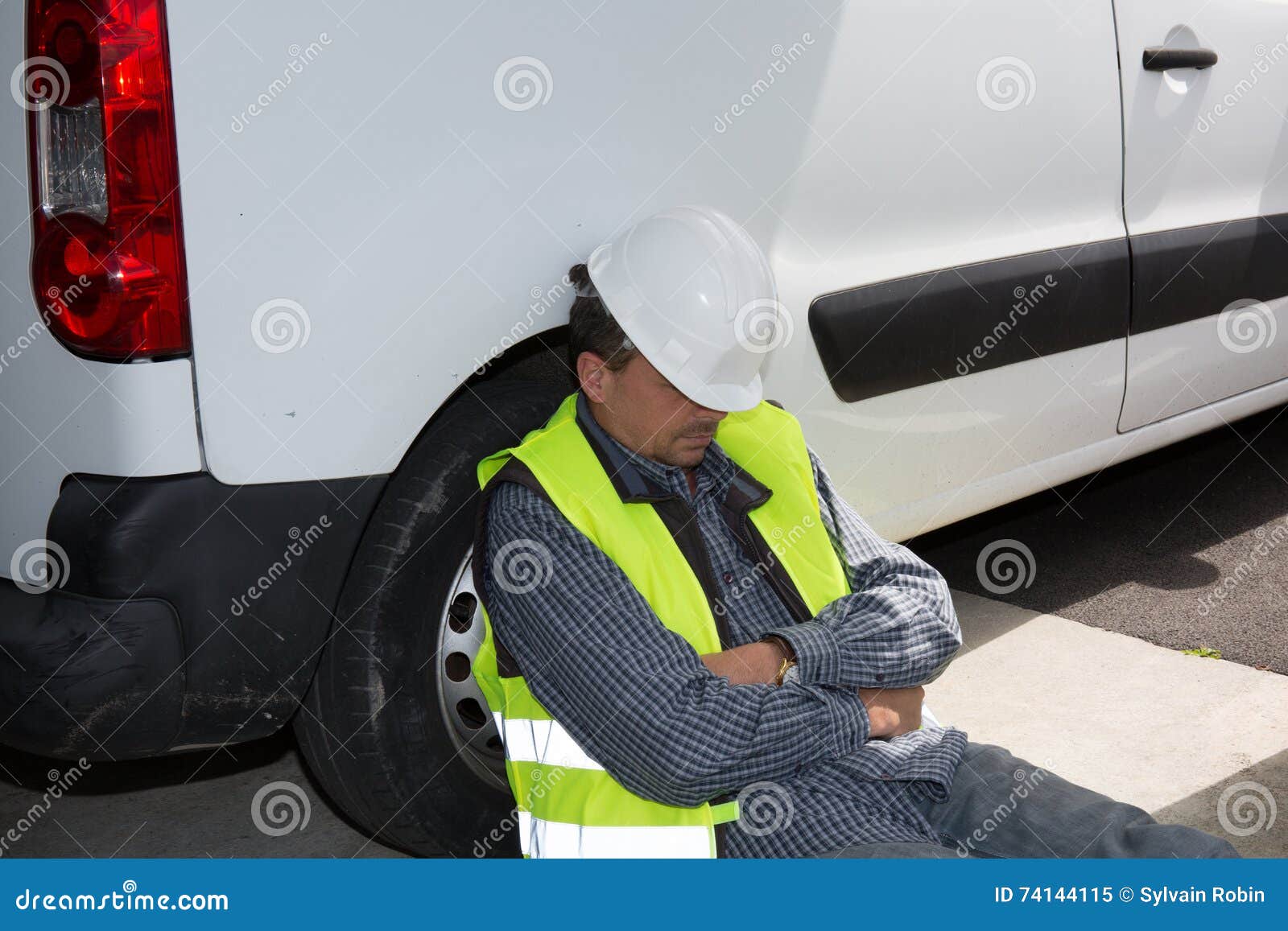 Engineer Builder Relaxing at Construction Site, Sleeping Stock Image ...