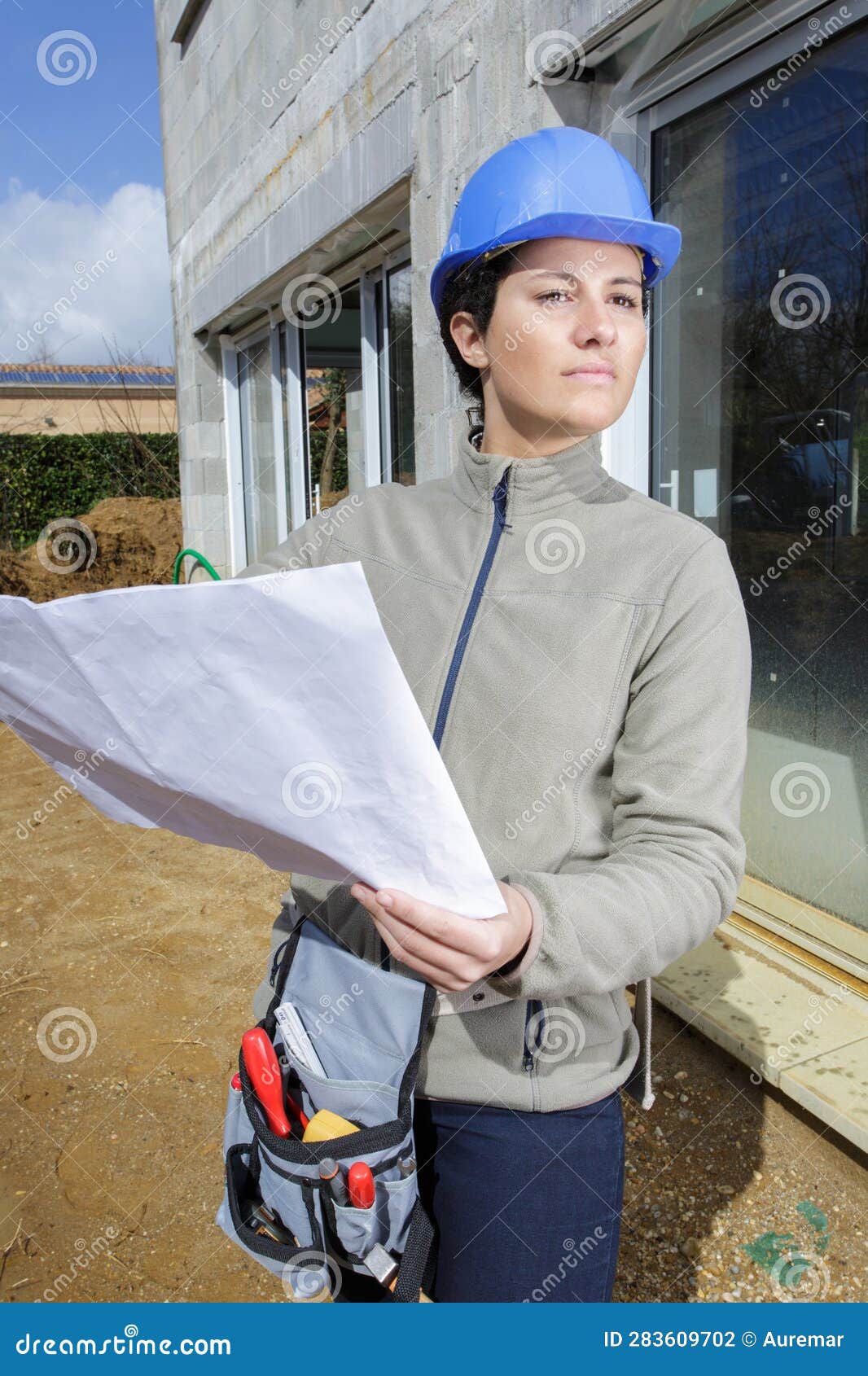Engineer Builder Woman Holds Business Layout Plan Stock Photo - Image ...