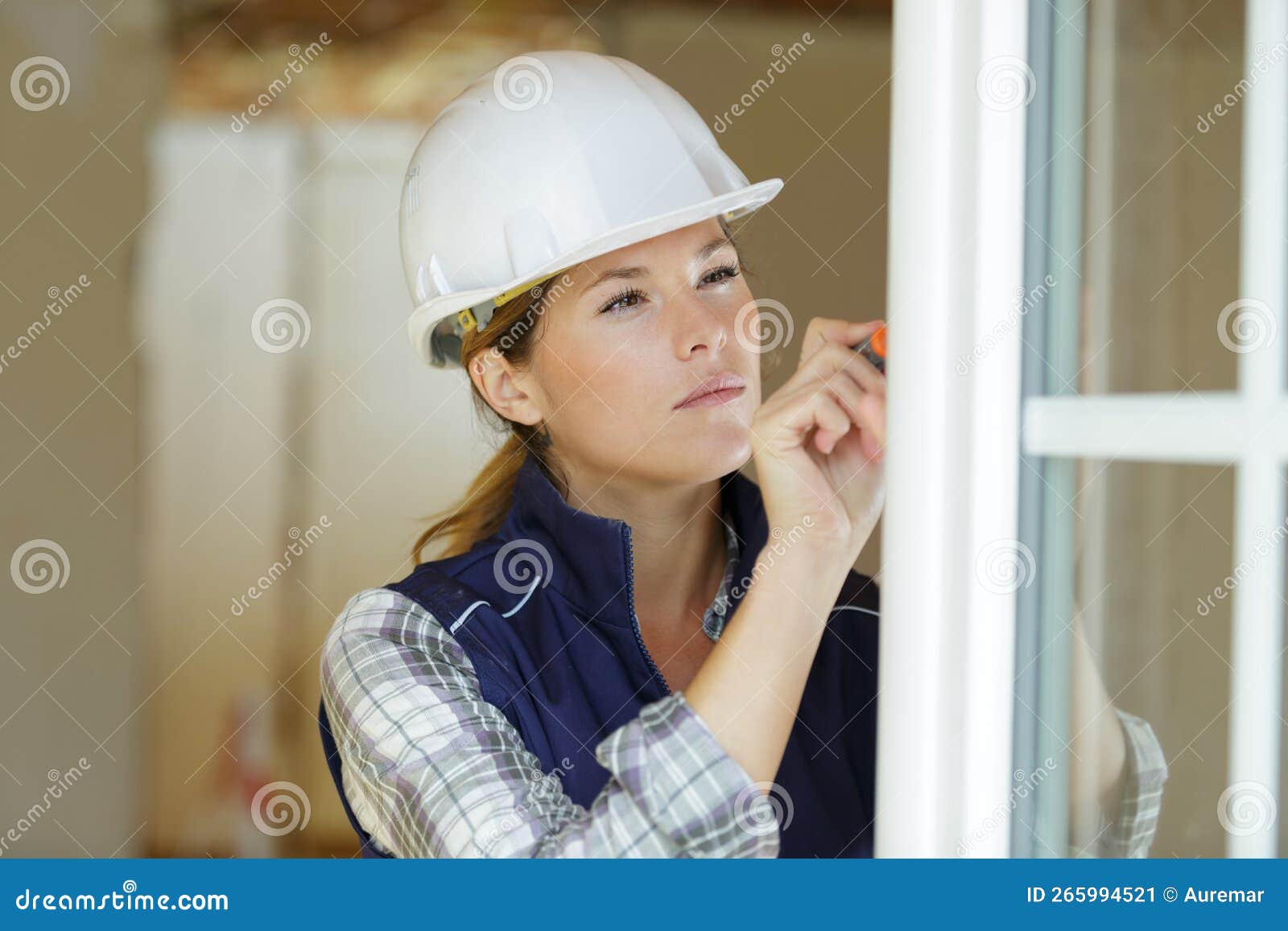 Engineer Builder Woman in Uniform Checking Window Installation Stock ...