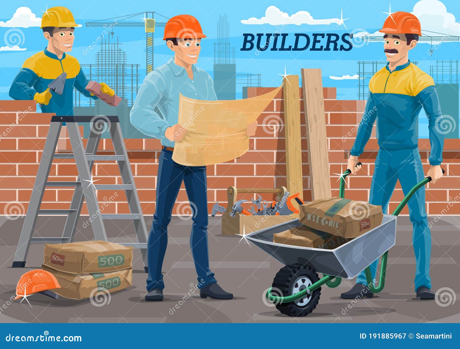 Engineer Builder Workers on Construction Site Stock Vector ...