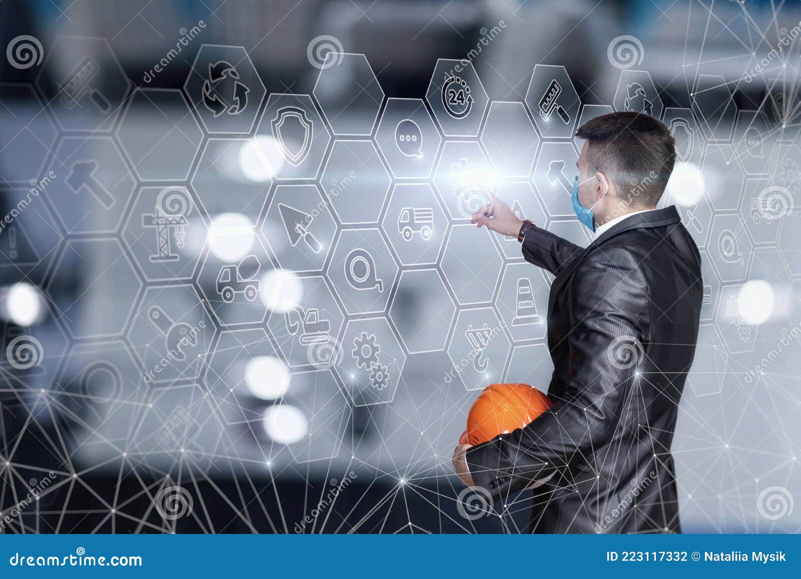 Engineer Builder Works on Virtual Screen with Construction Icons Stock ...