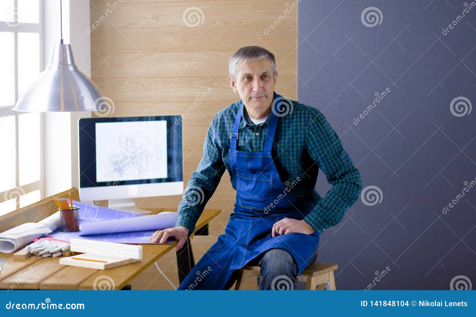 Engineer Carpenter Working on Laptop and Sketching Project Stock Photo ...