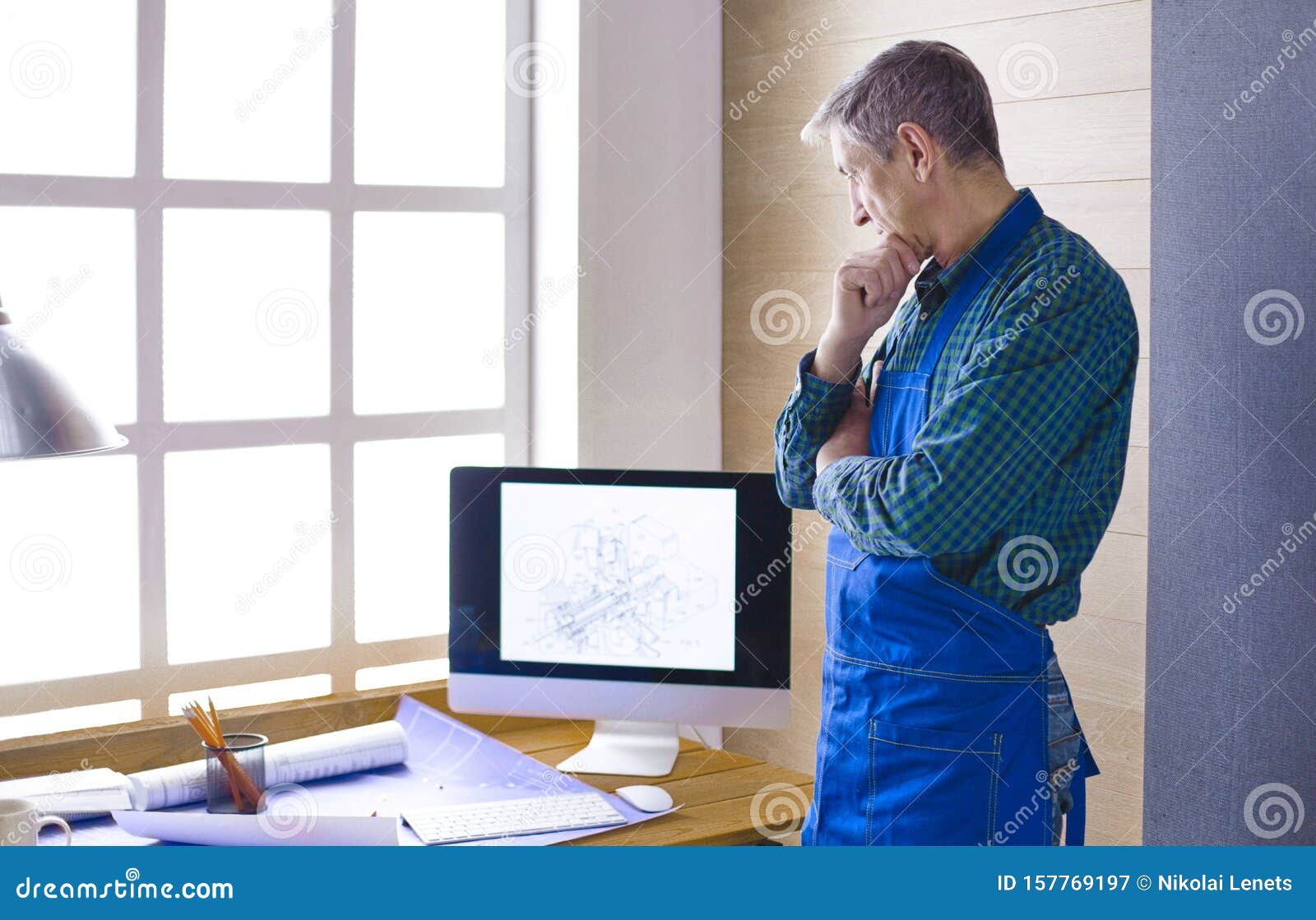 Engineer Carpenter Working on Laptop and Sketching Project Stock Image ...