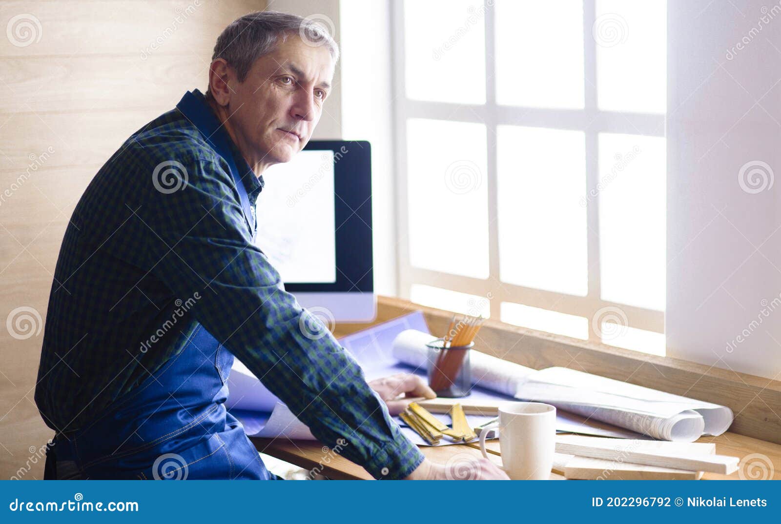 Engineer Carpenter Working on Laptop and Sketching Project Stock Photo ...