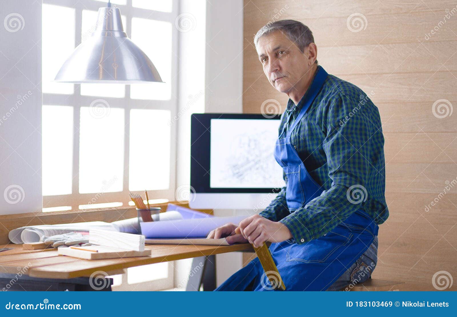 Engineer Carpenter Working on Laptop and Sketching Project Stock Image ...