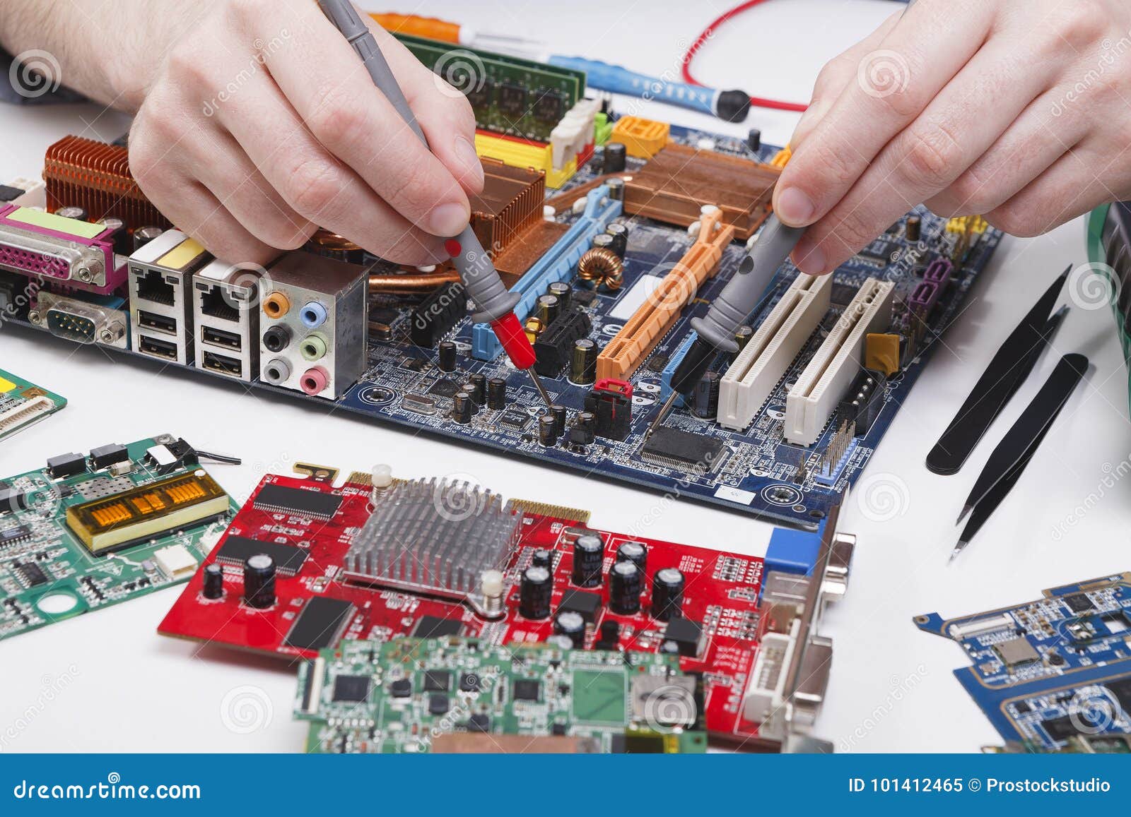 Engineer Checking Motherboard with Multimeter Stock Image - Image of ...