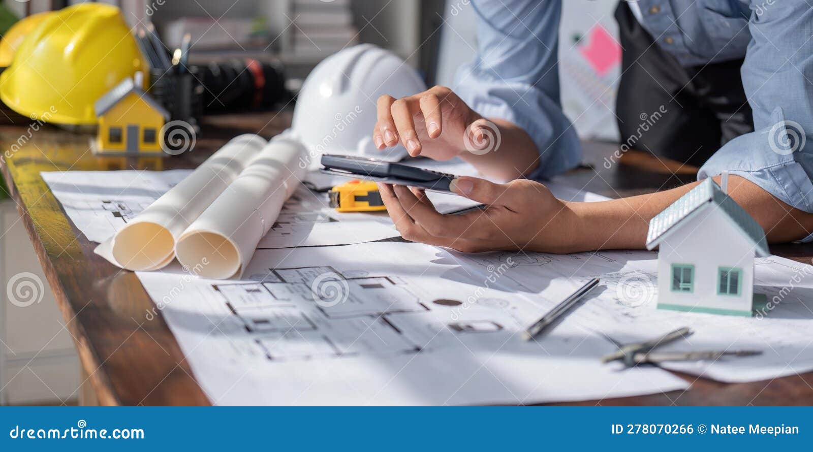 Engineer Checks Construction Blueprints on New Project with Engineering ...