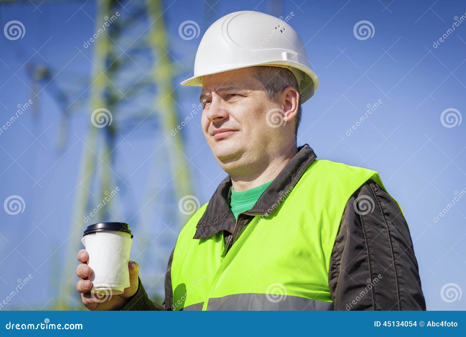 Engineer with Coffee Near High Voltage Towe Stock Photo - Image of ...